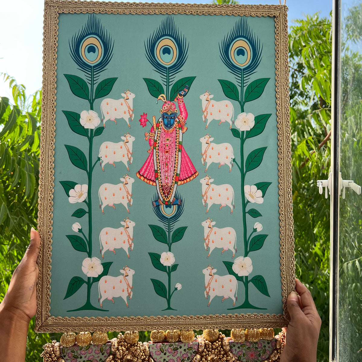 Large Shrinathji Backdrop: Pastel pistachio Pichwai – IBHI
