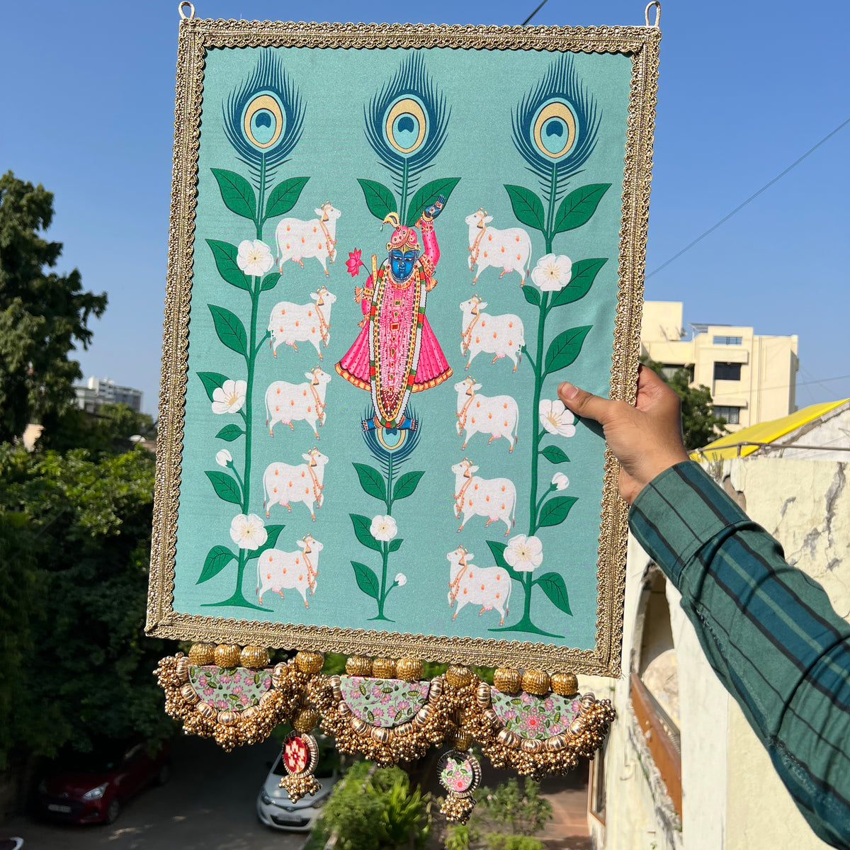 Large Shrinathji Backdrop: Pastel pistachio Pichwai – IBHI