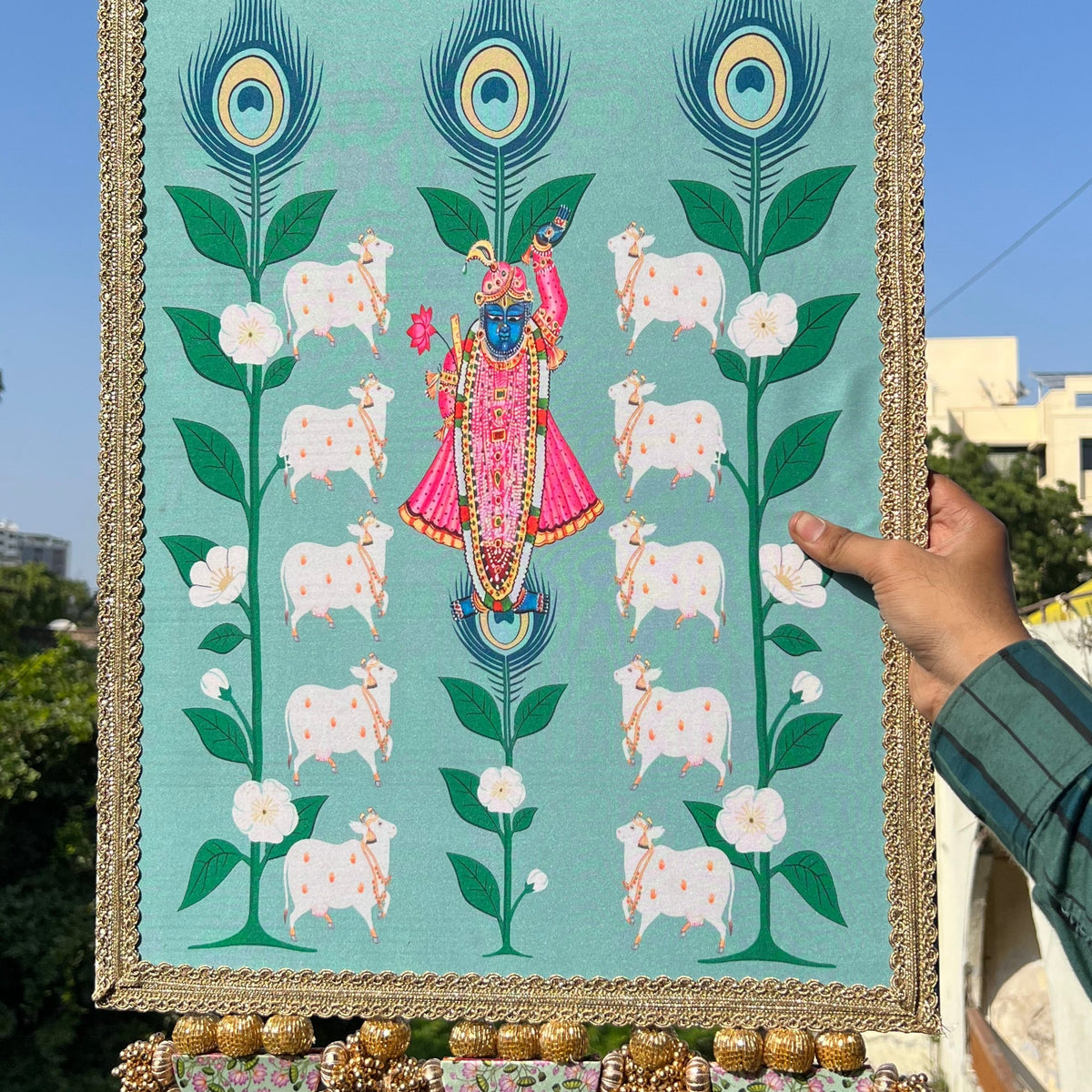 Large Shrinathji Backdrop: Pastel pistachio Pichwai – IBHI